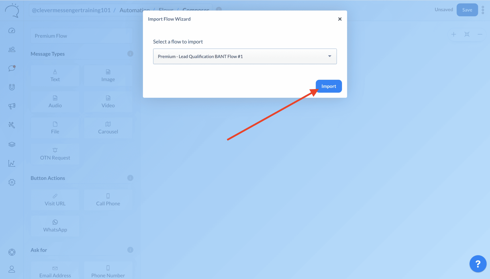 Step 8: Confirm to Import Premium Chatbot Flow – Clepher